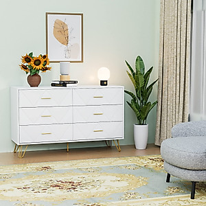 CARPETNAL White Dresser, Modern Dresser for Bedroom, 6 Drawer Double with Wide Drawers and Metal Handles, Wood Dressers & Chest of Hallway, Entryway.