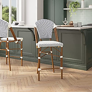 Flash Furniture Lourdes Commercial Grade Bistro Counter Height Stool, Stackable Indoor/Outdoor Dining Stool, 26" High, White/Navy and Bamboo Finish, Set of 2