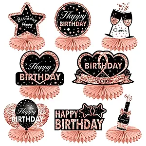 Rose Gold Birthday Decorations Table Honeycomb Centerpiece, Happy Birthday Table Party Supplies for Women, Sweet 16 21st 30th 40th 50th 60th Birthday Theme Table Topper Sign Decor