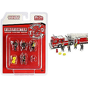 Firefighter 7 Piece Diecast Set (4 Figurines and 3 Accessories) for 1/64 Scale Models by American Diorama 76468