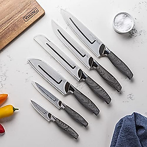 Viking Culinary German Steel Hollow Handle Cutlery Set, 6 Piece, Includes Protective Plastic Sleeve, All Essential Knife Types, Dishwasher Safe, Ash Wood Pattern Handles