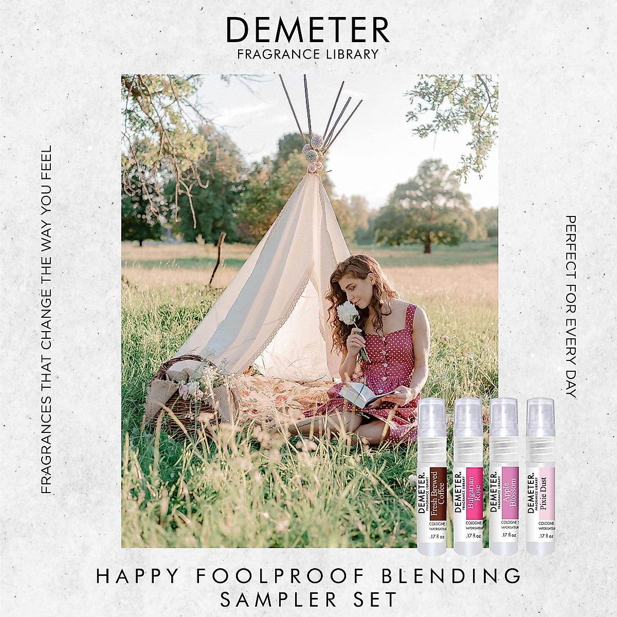 DEMETER Happy Foolproof Blending Set, Pink Grapefruit, Fuzzy Navel, Grass, Vanilla Cake Batter, Fresh Brewed Coffee, Bulgarian Rose, Apple Blossom, Pixie Dust, Set of 8 Perfumes