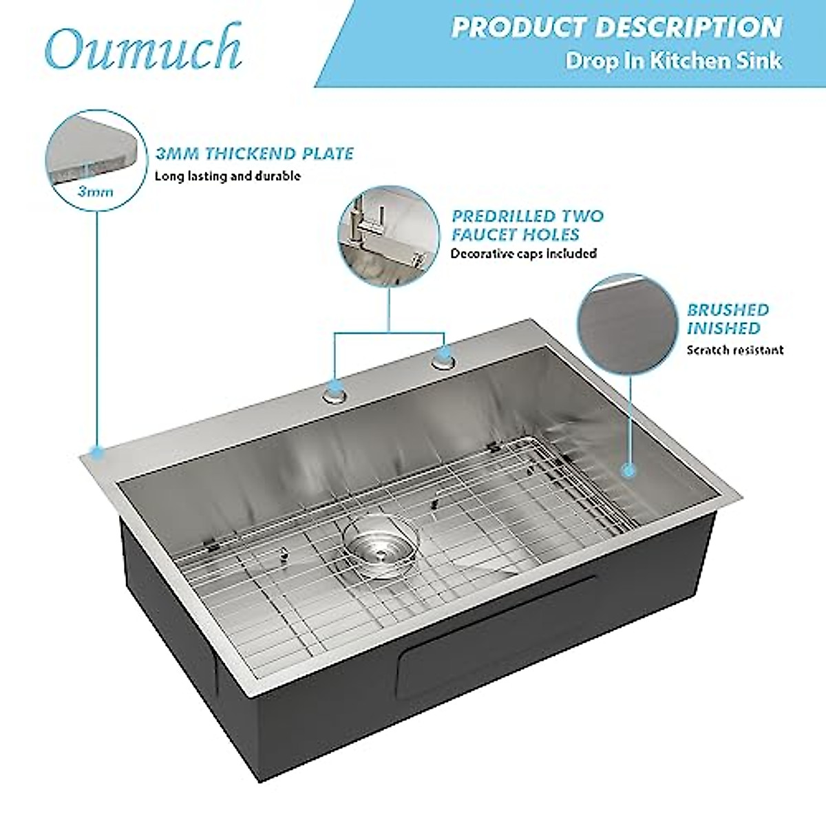 Oumuch 33 Inch Undermount Kitchen Sink Stainless Steel 33" Single Bowl Undermount Sinks 18 Gauge 33x19 In Single Basin Sink
