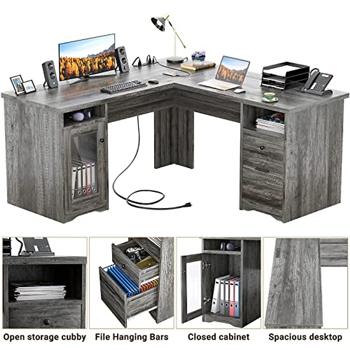 Unikito L Shaped Desk with Drawers, 60 Inch Corner Computer Desks with USB Charging Port and Power Outlet, Large L-Shaped Office Table, 2 Person Home Office Desk with File Cabinet, Black Oak