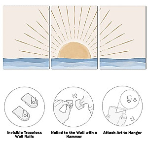 Boho Wall Art Set of 3, Neutral Geometric Sun Rising on the Sea Minimalist Art Framed Canvas Prints Artwork, Mid Century Modern Boho Sun Wall Art Decor for Bathroom, Bedroom, Living Room, Office