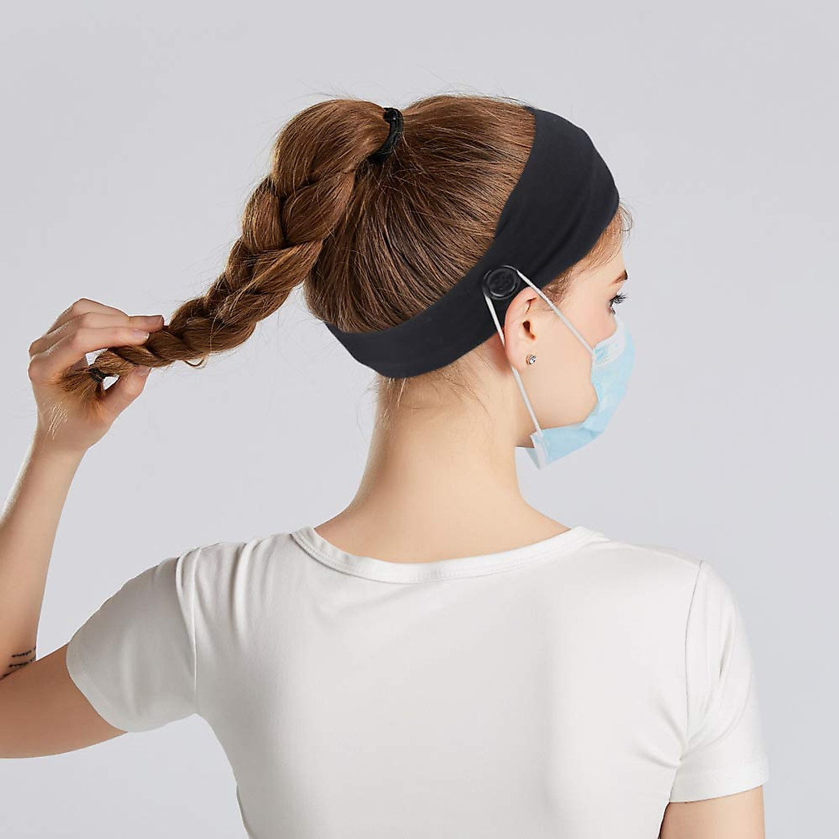 SUNLAND Headband with Buttons for Face Masks and Covers Unisex Elastic Hair Band for Ears Protection Bandannas for Head Wraps 3 Pack Black