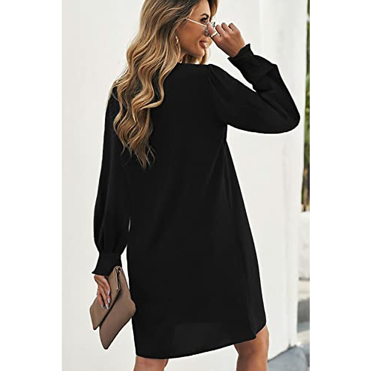 MARZXIN Casual 2025 Mini Dresses for Women Split V Neck Ruffled Sleeves Shirt Dress Long Sleeve Fall Formal Dresses Black L