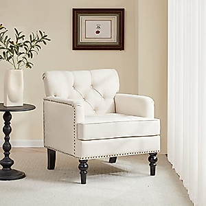 Iroomy Accent Chairs Set of 2, Mid Century Modern Armchair with Thick Cushion and Wood Frame, Comfy Reading Sofa Chair for Living Room Bedroom Office, Beige