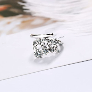 NewZenro Round CZ Tassel Dangle Drop Wrap Open Adjustable Statment Rings for Women Sterling Silver Plated Crystal Diamond Fashion Dainty Band Finger Ring Jewelry Gifts Bff Birthday