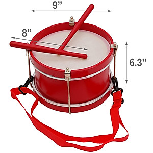 Tunable Marching Drum for Kids - Wooden Frame - Plastic Head, Wood Sticks - Adjustable Strap - 9-inch Snare Drum for Children