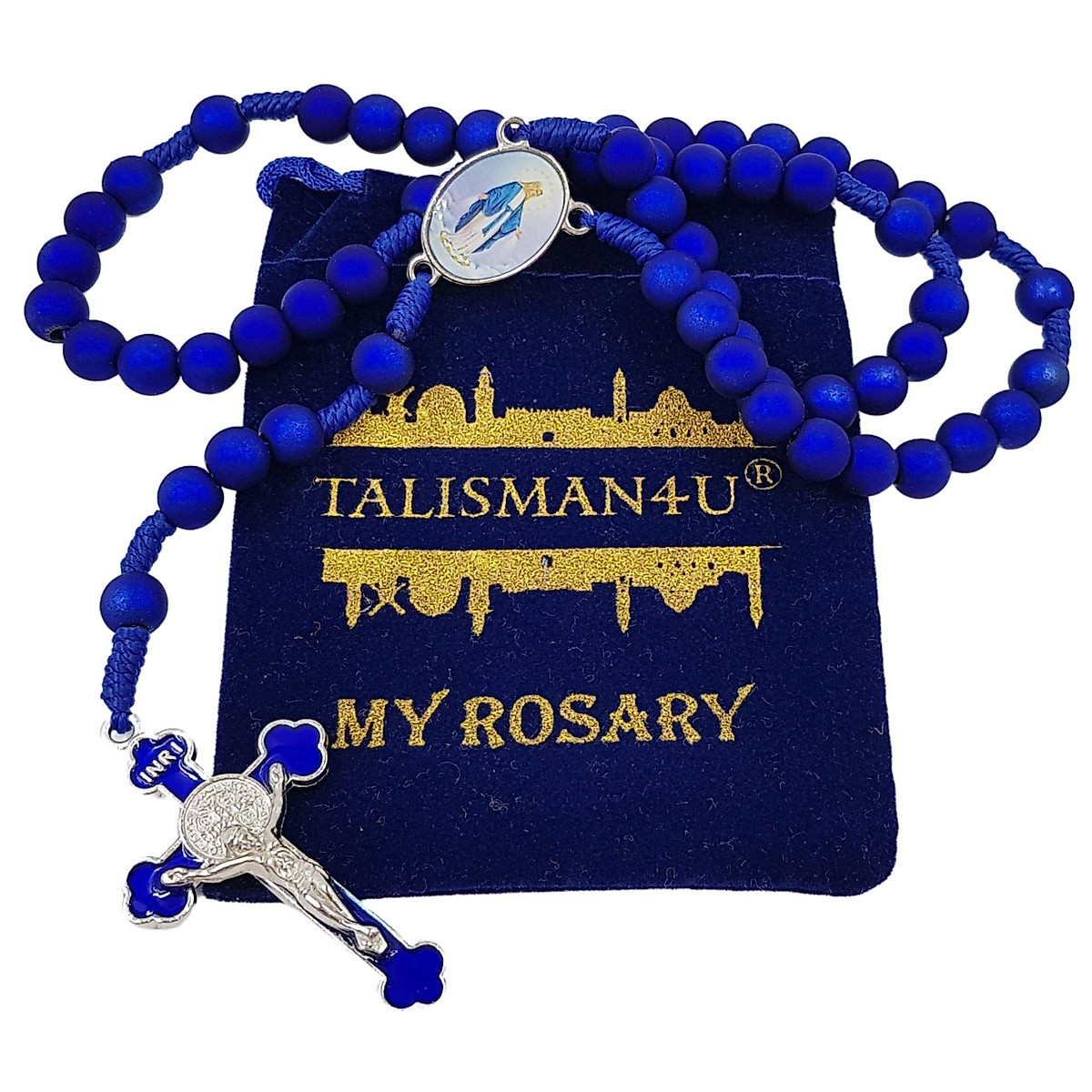 TALISMAN4U Deep Blue Rosary Beads Catholic Prayer Necklace with Saint Benedict Crucifix Our Lady of Grace Medal Religious Gift Rosary Pouch