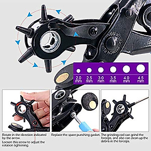 Swpeet 8Pcs Leather Hole Punch Plier with Grommet Eyelets Kit, Professional Puncher Including Punch Plier Screwdriver, Scissors, Rule, Awl Tool and Grinding Rod Multi Sized Puncher for Belts, Crafts