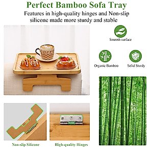 Couch Arm Table Tray, Bamboo Sofa Arm Clip on Tray Tables, Arm Rest Table for Home, Couch Arm Tray for Small Spaces Drink Eating Dinner Table