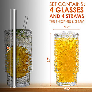 WISIMMALL Vintage Drinking Glasses Set of 4 with Straw 12OZ Aesthetic Highball Glasses Stackable Drinking Glasses Iced Coffee Cups for Cocktail, Whiskey, Beer, Juice, Water