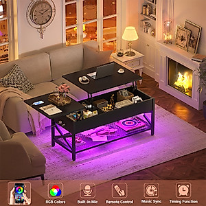 Besiost Lift Top Coffee Table with Storage, LED Light & Power Outlet and Hidden Compartment, Retro Center Table for Living Room, X Support Wood Tabletop, Metal Frame