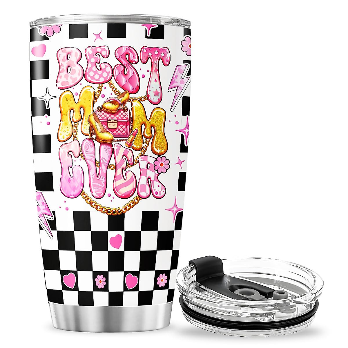 JENOIS Tumblers Women Cups Checkered Coffee Mama Funny Day For Mothers Modern Simple Simply Handle, Mom Nutrition Facts, Tumbler 20 Oz With Lid And Straw, Best Mom Ever Gifts