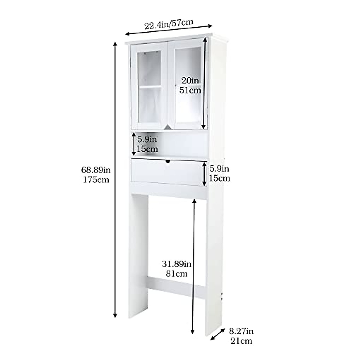 HOME BI Over The Toilet Storage Cabinet, Free Standing Toilet Rack with Drawer and Acrylique Doors for Toilet Shelf (White)