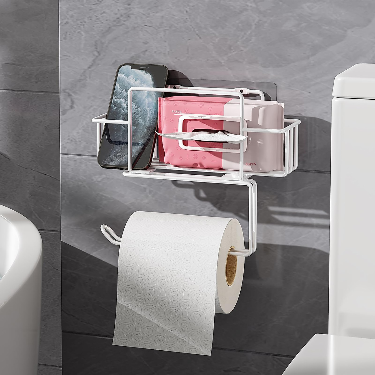 X-cosrack Toilet Paper Holder with Shelf, Wall Mount/Adhesive Matte White Toilet Paper Holder, Wipes Dispenser for Bathroom, Metal Bathroom Toilet Paper Holder for Kitchen, Bedroom