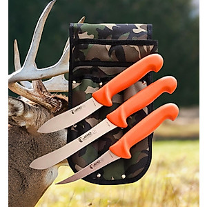 Jero Hunter Knife Set With Camo Scabbard - Orange Handles With High-Carbon Stainless Blades - Narrow Butcher, Deer Skinner And Boning Knife