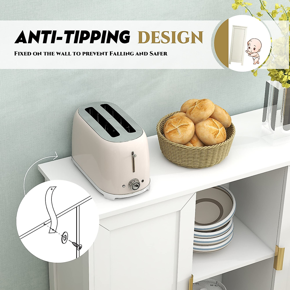 TaoHFE White Storage Cabinet, Credenza Buffet Cabinet Wooden Coffee Bar Cabinet Buffet Table White Sideboard Thin Cabinet for Narrow Spaces Entry Cabinet Hallway Cabinet for Kitchen