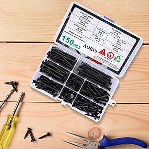 150PCS Drywall Screws, Premium Black Steel Machine Screws with Phillips Drive Device #7 Bugle Head, Black Steel Self-Tapping Screws, Wood Screw Kit, for Drywall Slate, Wood, Furniture Cabinet