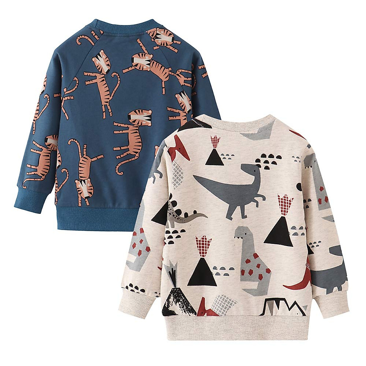 Azalquat Toddler Boys Girls Crewneck Sweatshirt, Cotton Long-Sleeved Pullover Cartoon Print (Dinosaurs & Tigers, 2-3T)
