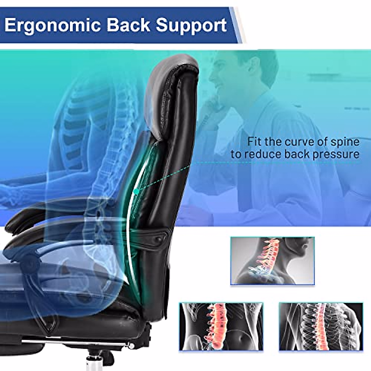 ZUNMOS Executive Office Ergonomic Big and Tall Leather Swivel Rolling Managerial Computer Desk Task, Adjustable High Back Recliner Chair with Padded Armrests and Retractable Footrest, Black