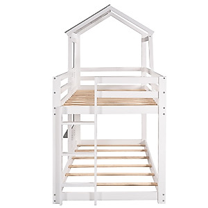House Bunk Beds, Twin Over Twin Bunk Bed Wooden Floor Bunk Bed Frame for Kids/Teens/Girls/Boys, White