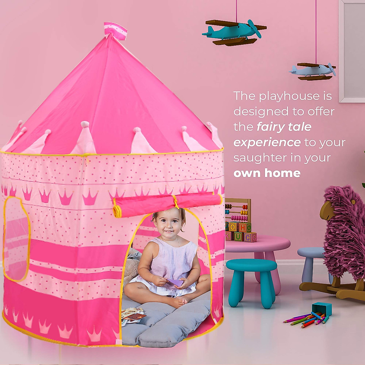 Princess Castle Play Tent for Kids, Princess Castle Dollhouse That conveniently Folds in to a Carrying Case, Perfect Foldable Pop Up Pink Childrens Play Tent/House Toy for Indoor & Outdoor Use