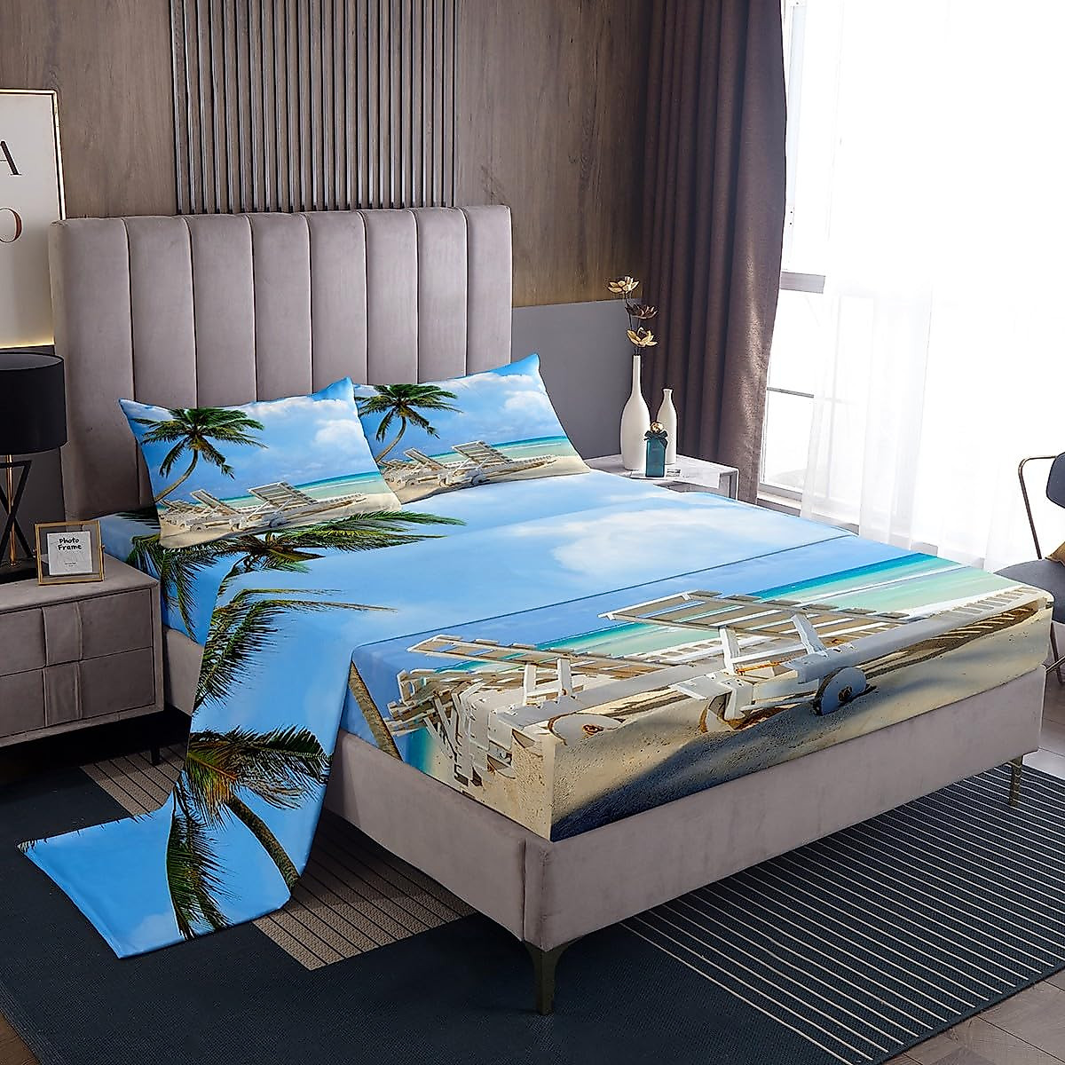 Erosebridal Hawaii Beach Bed Sheets Set Full Size, Tropical Sheets, Ocean Beach Decor Sheets, Palm Tree Flat Fitted Sheet, Summer Holiday Style Sheet Set, Coastal Bedding Bedroom Decor, 4Pcs