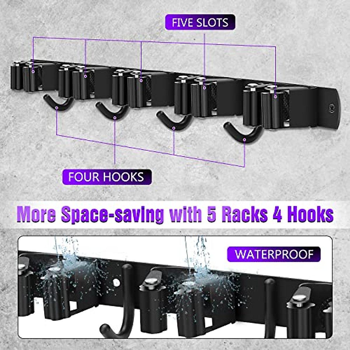 NisuAM Broom and Mop Holder Wall Mount with 5 Slots 4 Hooks, Broom Hanger Self Adhesive, Black Matte Garage Rack & Tool Organizer, Home Storage Shelving for Closet Door,Cabinet,Lanudry