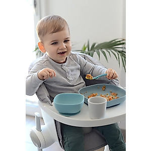 BEABA Silicone 4 Piece Baby Feeding Set, Suction Plates for Baby, Includes Plate, Bowl, Cup, 2nd Stage Silicone Spoon, High Grade Food Safe Silicone, Rain