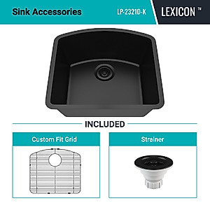 23" x 21" Quartz Kitchen Sink,D-Shaped, Single Bowl Kitchen Sinks, Drop in Kitchen Sink, Granite Composite Kitchen Sink, Undermount Sink, Galaxy black kitchen sinks, with Grid, Strainer, LP-2321D-K