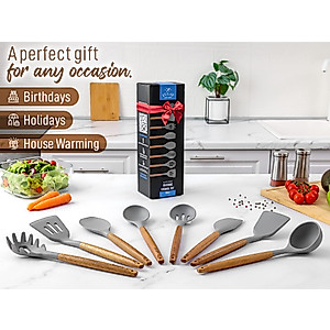 Zulay (8 Piece) Silicone Kitchen Utensils Set For Cooking - Non-Stick Silicone Cooking Utensils Set With Acacia Wood Handle - Heat Resistant Spatula Set - Flexible Silicone Kitchen Set