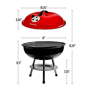 Ovente 14-Inch Portable BBQ Charcoal Grill for Outdoor Cooking and Camping, Stainless Steel Body for Heavy Duty with Dual Vent System, Perfect for Patio or Backyard Barbecue Party, Red GQR0400BR