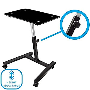Seville Classics Solid-Top Height Adjustable Mobile Laptop Computer Desk Cart Ergonomic Home Office Stand Rolling Table, Tempered Glass (24"), Black