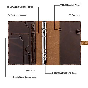 Refillable Leather Journal Writing Notebook, A5 Leather Travel Journal with Pockets, Vintage 6 Ring Binder Organizer Planner Portfolio, Best Travel Gifts - Brown