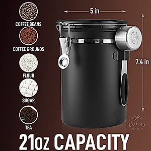 Zulay 21oz Coffee Canister For Ground Coffee - Stainless Steel Coffee Canisters With Scoop Holder & Date Tracker - Airtight Coffee Container & Coffee Storage For Coffee Jar, Tea, Sugar, Flour (Black)