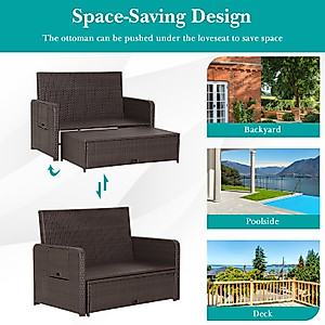 RELAX4LIFE Wicker Patio Outdoor Daybed - Rattan Day Bed Lounger with Loveseat & Storage Ottoman, Sunbed Sofa Set w/Cushions, 4-Level Adjustable Backrest & 2 Retractable Trays, Patio Daybed (Turquoise)