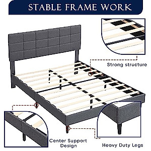 TMEOSK Queen Size Upholstered Platform Bed Frame with Fabric Headboard and Wooden Slats Support, Mattress Foundation, No Box Spring Needed for Boys Girls Teens Adults, Under Bed Storage (Gray)