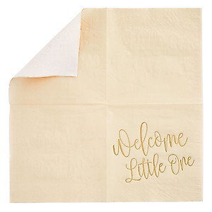 BLUE PANDA 50 Pack Pink Baby Shower Napkins - “Welcome Little One”Light Tan Napkins with Gold Foil for Baby Shower Decorations (5x5 In) - Baby Shower Napkins for Girl - Napkins for Baby Shower