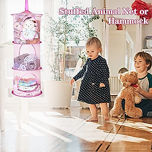 Fuyamp 2Pcs Stuffed Animal Storage Hanging Mesh Stuffed Animal Net or Hammock Foldable Stuffed Animal Organizer Net or Hammock 3 Compartments Toy Storage Basket for Kids Girls Room Bathroom (Pink)
