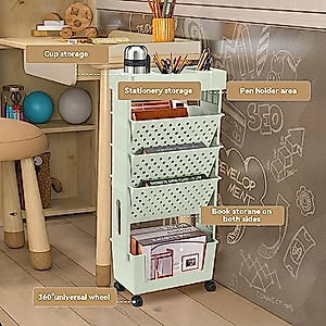 5 Tier Book Rack Storage Bookshelf, Movable Bookshelf Multilayer Capacity Rotatable Removable Plastic Practical Rolling Organization Shelf with Wheel, Bookshelves for Kids Students Study (Green)