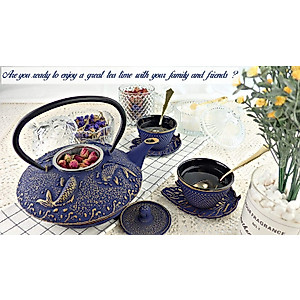 KIYOSHI Luxury 7PC Japanese Tea Set."Midnight Blue Koi" Cast Iron Tea Pot with 2 Tea Cups, 2 Saucers, Loose Leaf Tea Infuser and Teapot Trivet. Ceremonial Matcha Accessories