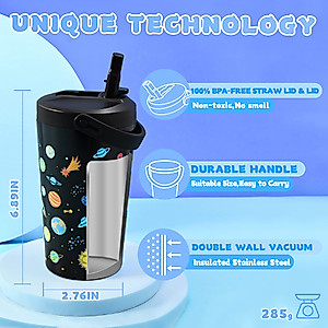 Opreine Tumbler with Lid and Straw for Kids, 14oz Insulated Water Bottle with Straw, Stainless Steel Thermos Water Bottle for Boys Girls, Leak Proof Kids Cup for School Sports, Black Planet