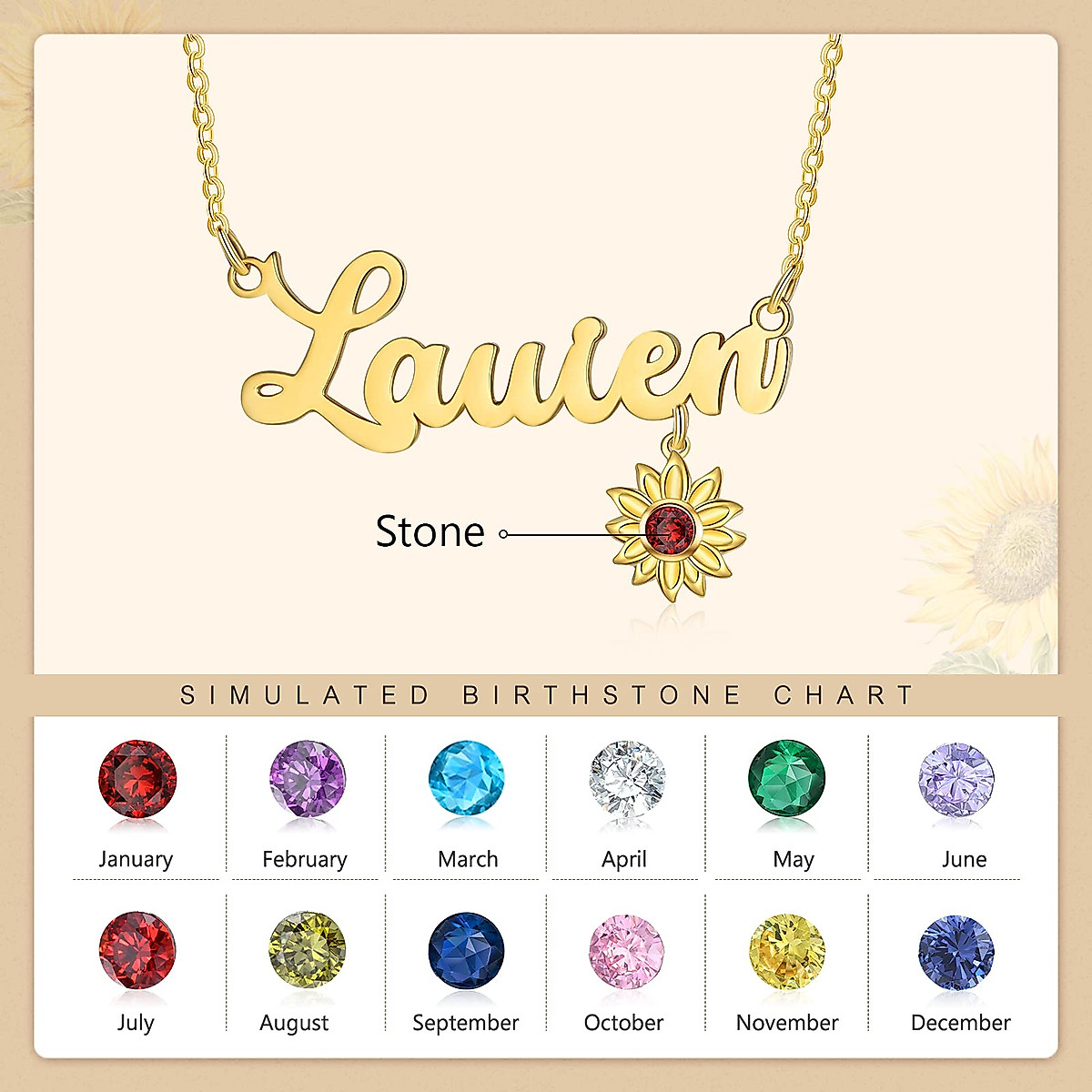 Personalized Name Sunflower Necklace with Simulated Birthstones Gold Name Custom Necklace for Women Sunflower Jewelry Sunflower Birthday Gift for Girlfriend Mother (Gold-2)