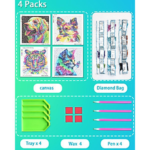 AyuqEjus Diamond Art Kits for Kids,4 Pack Diamond Art for Kids, Arts & Crafts for Kids Ages 8-12,Gem Art 5.9" X 5.9" (Cat Tiger Dog)