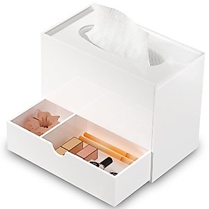 Femeli Acrylic Tissue Box Cover, White Multifunctional Tissue Box Organizer,Modern Rectangular Tissue Box Holder with Drawer for Bathroom,Bedrooms,Office
