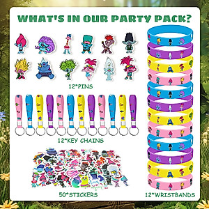 Trolls Birthday Party Supplies, 86PCS Party Favors Set Include 12 Bracelets, 12 Pins, 12 Keychains, 50 Stickers for Trolls Theme Party Gifts