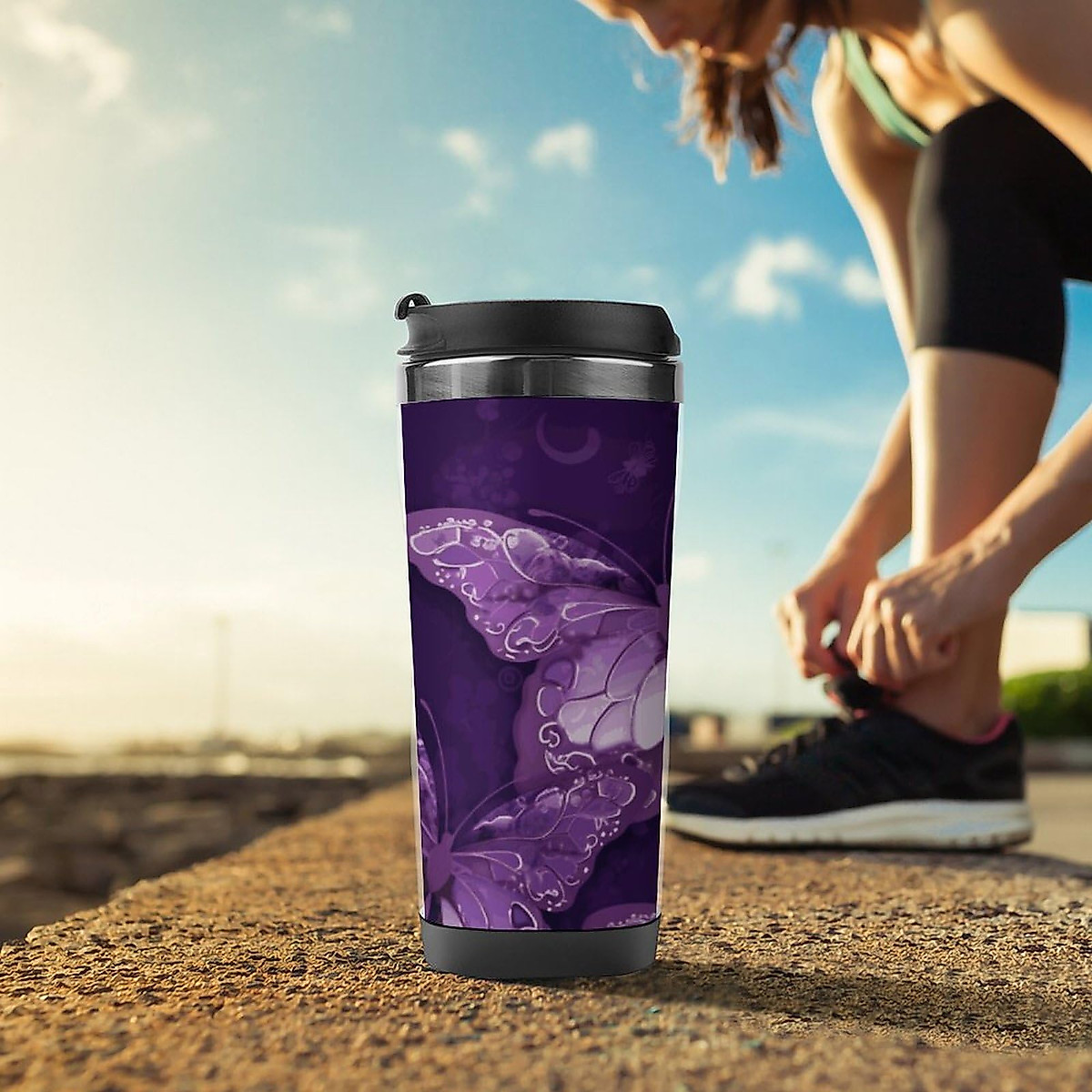 GHBNK Travel Coffee Mug Stainless Steel Insulated Coffee Mug Purple Butterflies Double Wall Travel Coffee Cup Reusable Insulated Tumbler with Lid for Iced And Hot Drinks